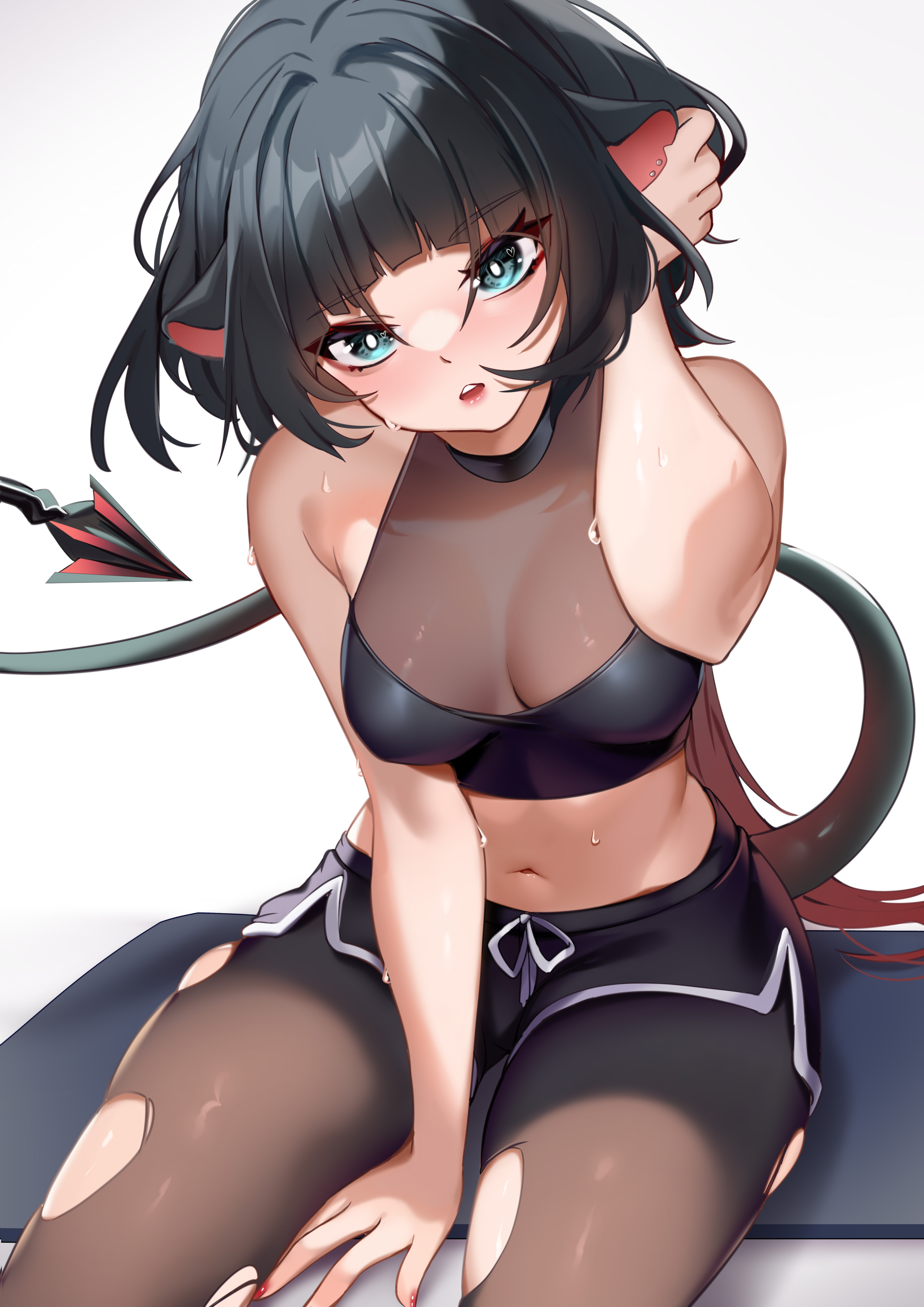 squchan zenless zone zero jane doe animal ears no bra pantyhose see through tail torn clothes ...